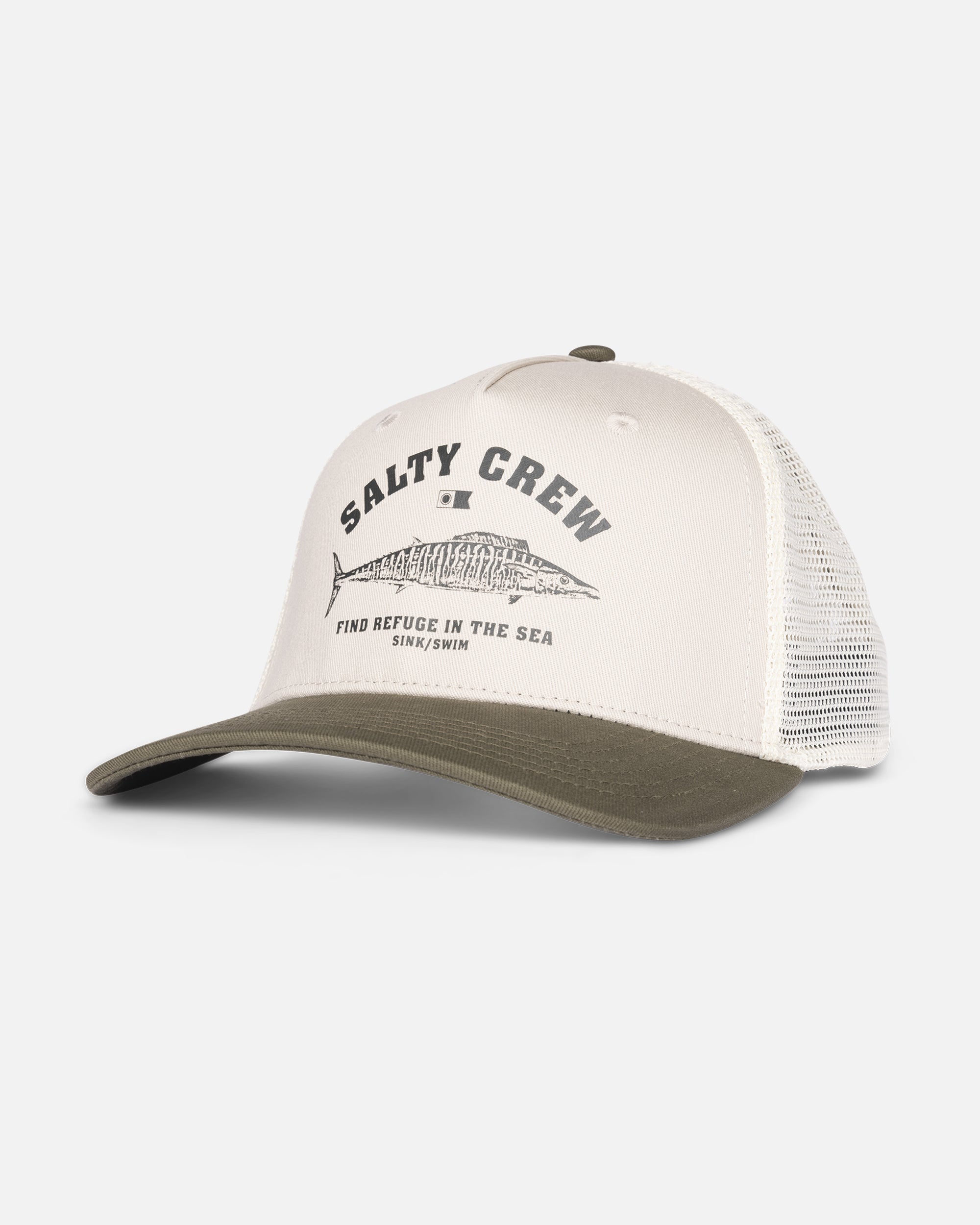 Wahoo Stamp Retro Trucker Hat - Oyster/Olive | Salty Crew
